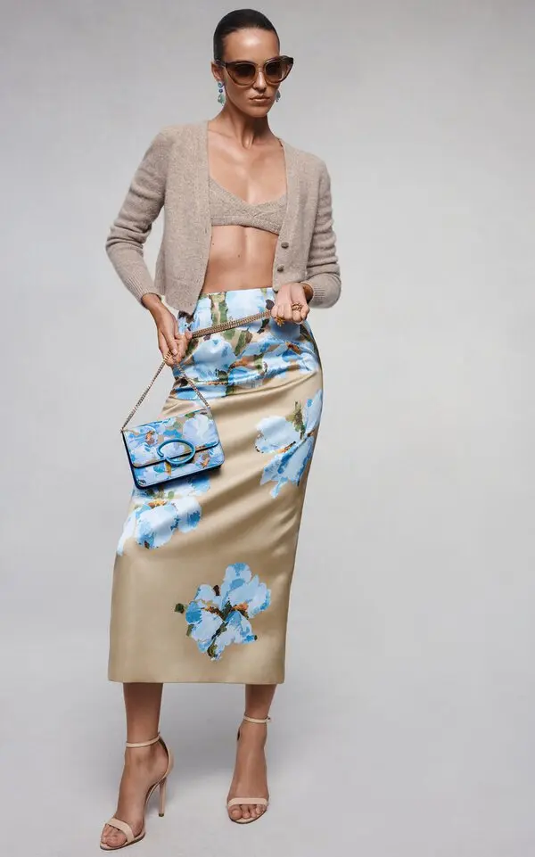 Oscar De La Renta Watercolor Iris Satin Pencil Midi Skirt