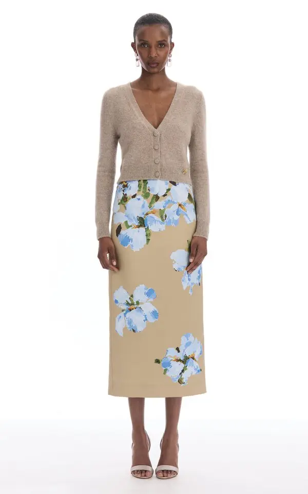 Oscar De La Renta Watercolor Iris Satin Pencil Midi Skirt