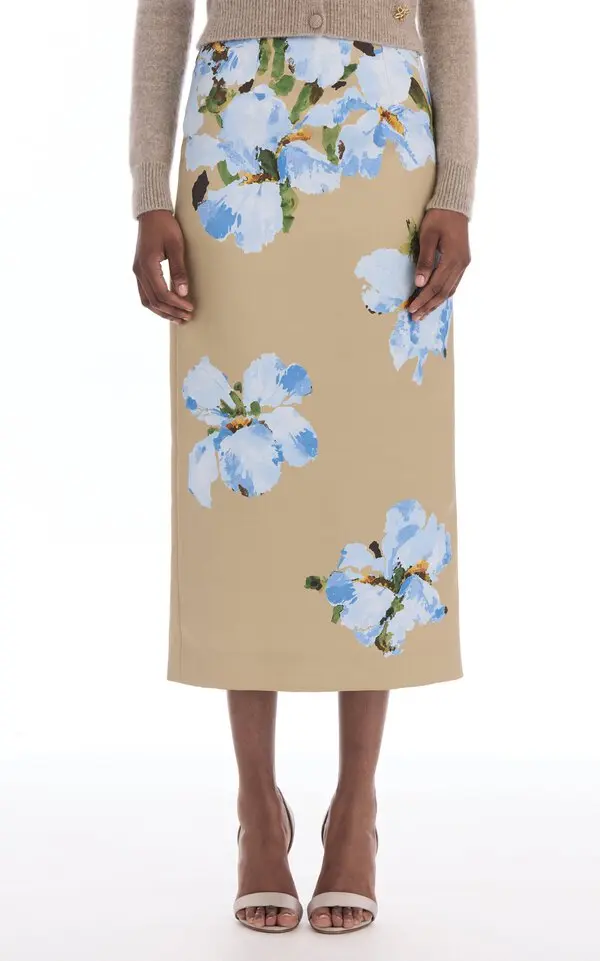 Oscar De La Renta Watercolor Iris Satin Pencil Midi Skirt