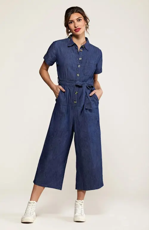 YUMI Chambray Button Jumpsuit - Blue
