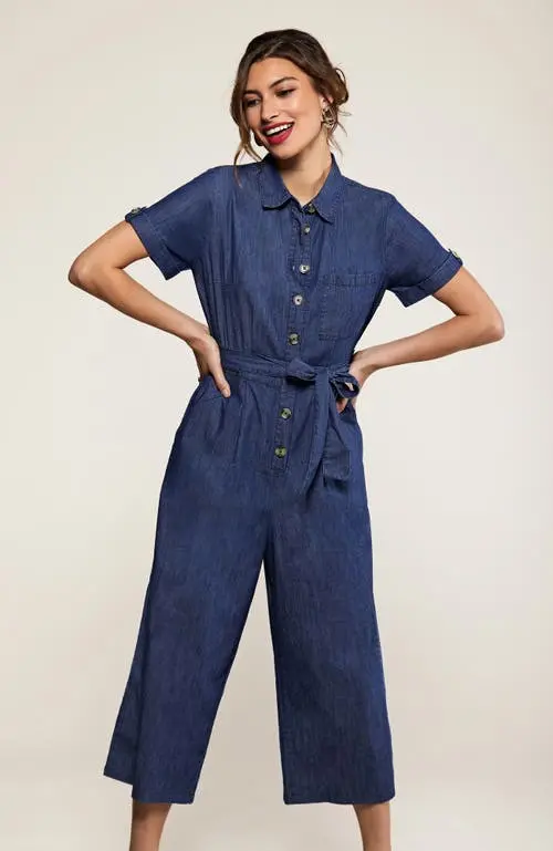 YUMI Chambray Button Jumpsuit - Blue