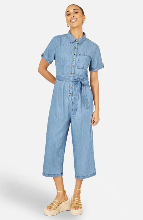 YUMI Chambray Light Denim Button Jumpsuit - Light Blue