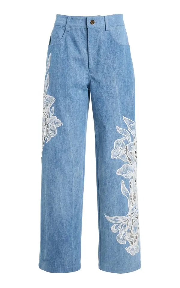Oscar De La Renta Embroidered Denim Straight-leg Jeans