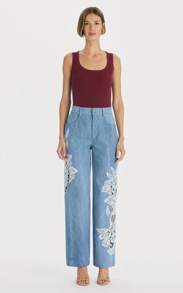 Oscar De La Renta Embroidered Denim Straight-leg Jeans
