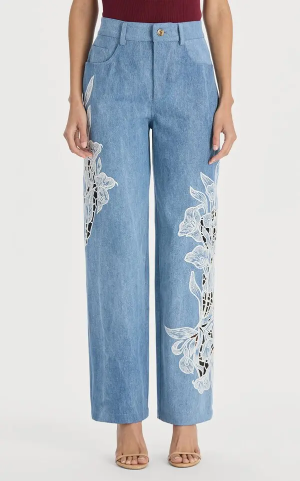 Oscar De La Renta Embroidered Denim Straight-leg Jeans