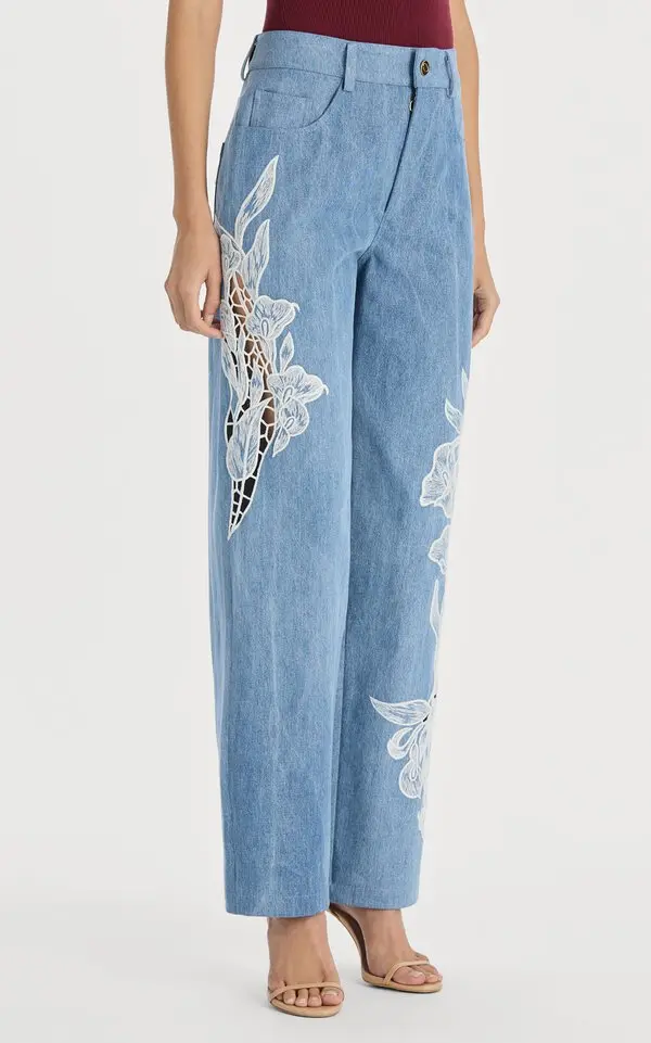 Oscar De La Renta Embroidered Denim Straight-leg Jeans