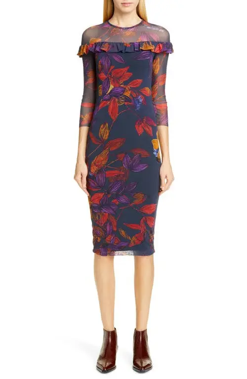 FUZZI Floral Ruffle Trim Sheer Sleeve Dress