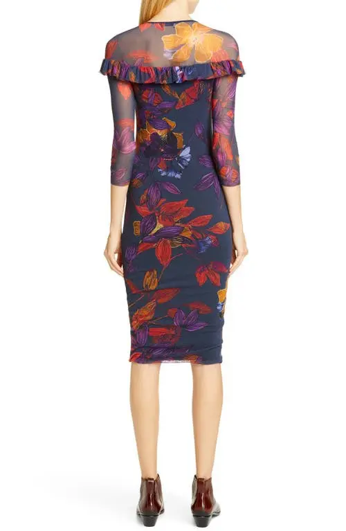 FUZZI Floral Ruffle Trim Sheer Sleeve Dress