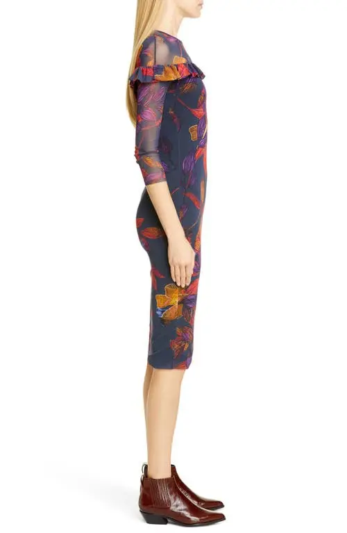 FUZZI Floral Ruffle Trim Sheer Sleeve Dress