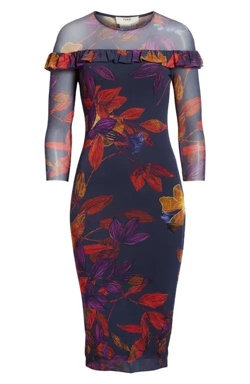 FUZZI Floral Ruffle Trim Sheer Sleeve Dress