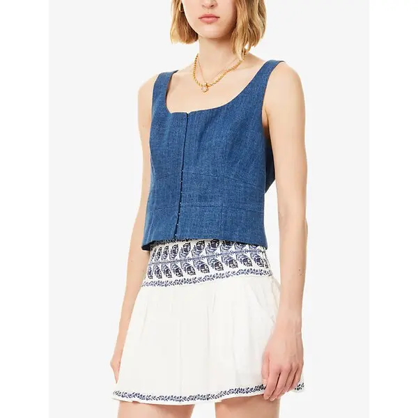 Paige Carra Cotton And Linen Blend Denim Top - Tidepool