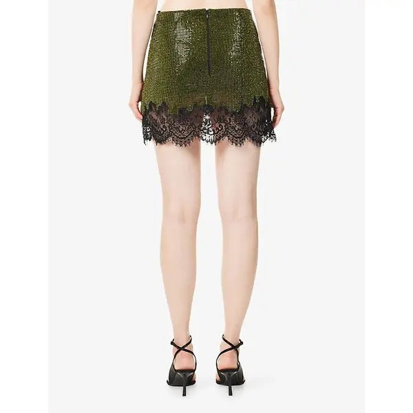 SELF-PORTRAIT Chainmail Crystal Mini Skirt With Lace Trim