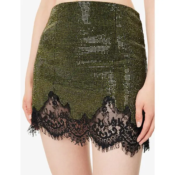 SELF-PORTRAIT Chainmail Crystal Mini Skirt With Lace Trim