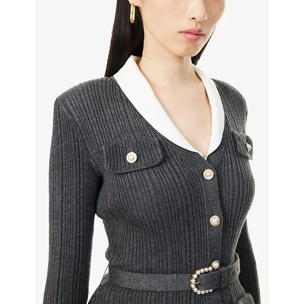 SELF-PORTRAIT Belted Ribbed-knit Midi Dress