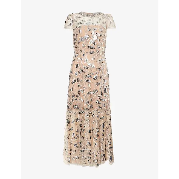 SELF-PORTRAIT Sequin Embellished Crewneck Midi Dress