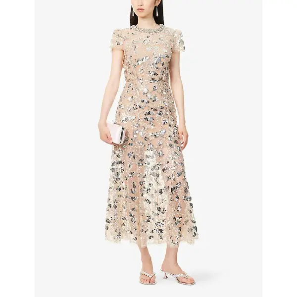 SELF-PORTRAIT Sequin Embellished Crewneck Midi Dress