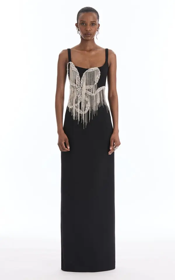 Oscar De La Renta Fringe-embroidered Wool-blend Gown