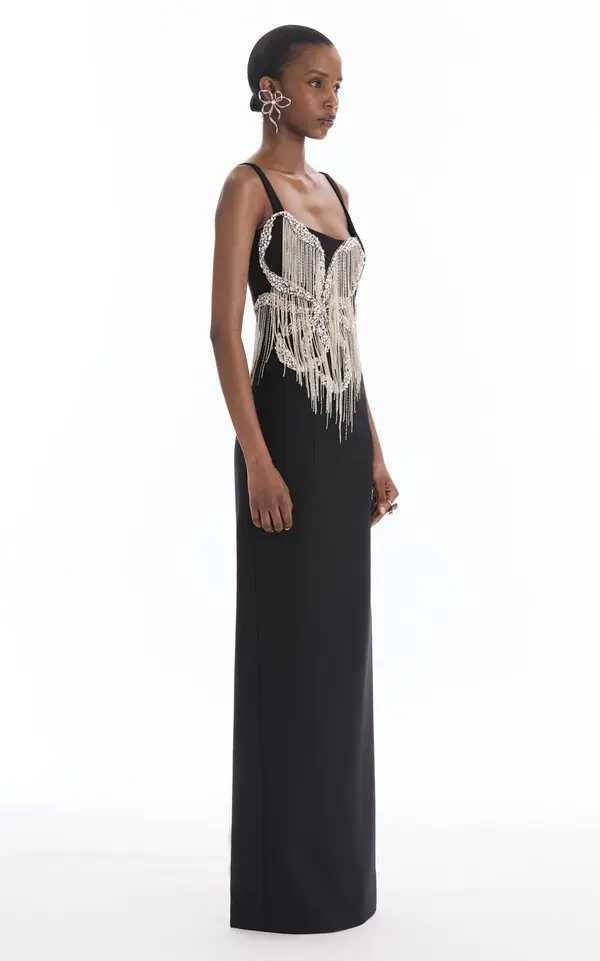 Oscar De La Renta Fringe-embroidered Wool-blend Gown