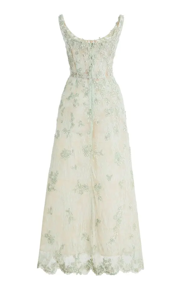Oscar De La Renta Embroidered Floral Chantilly Lace Maxi Dress