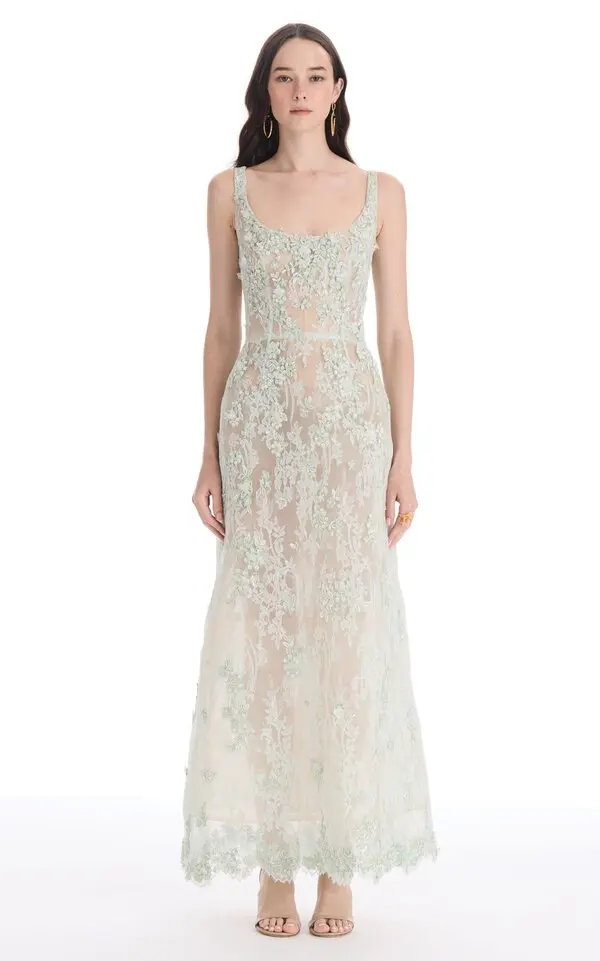 Oscar De La Renta Embroidered Floral Chantilly Lace Maxi Dress