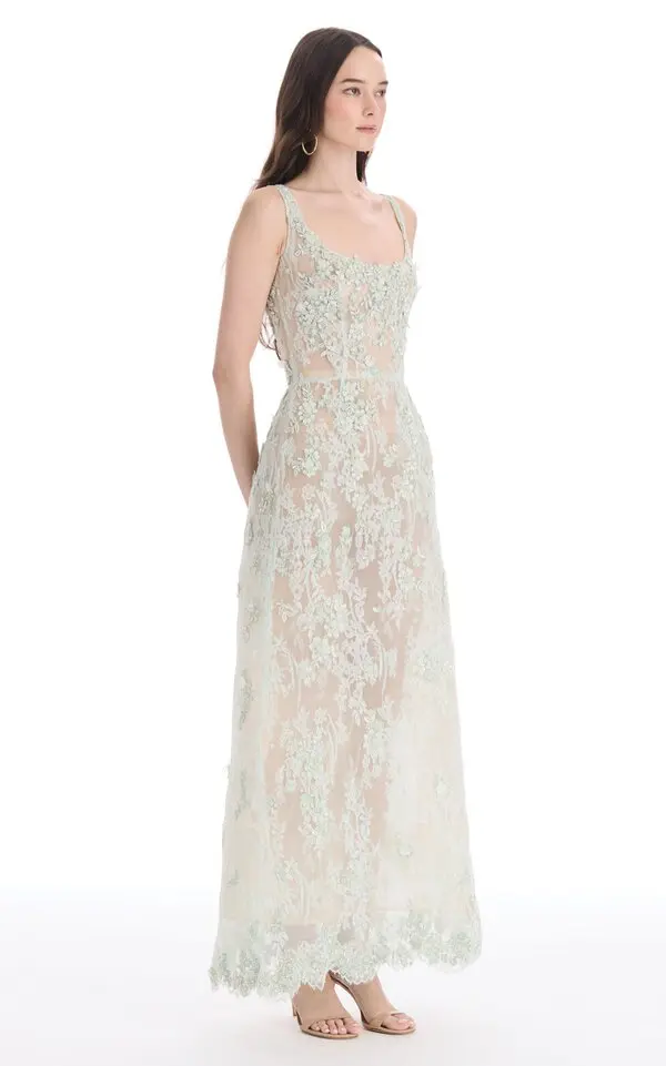 Oscar De La Renta Embroidered Floral Chantilly Lace Maxi Dress
