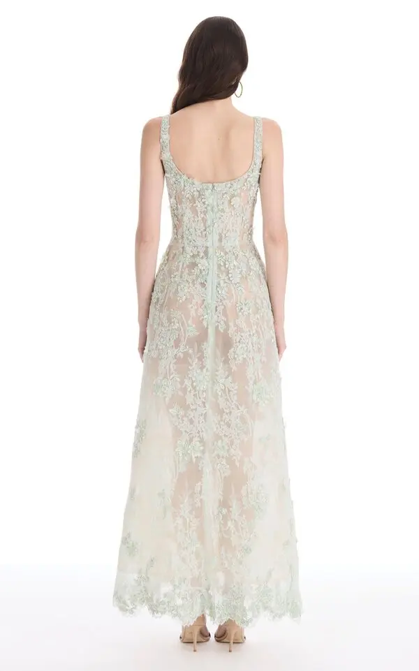 Oscar De La Renta Embroidered Floral Chantilly Lace Maxi Dress