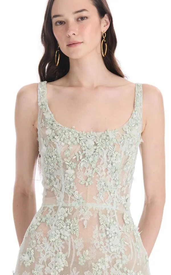 Oscar De La Renta Embroidered Floral Chantilly Lace Maxi Dress