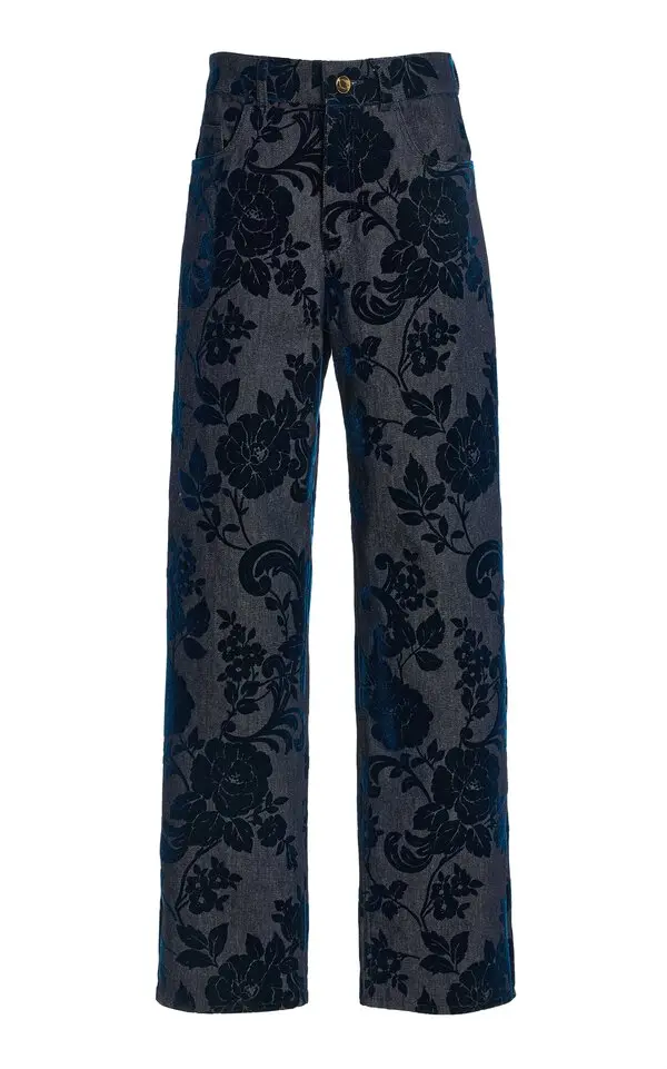 Oscar De La Renta Flocked Floral Denim Straight-leg Pants - Navy