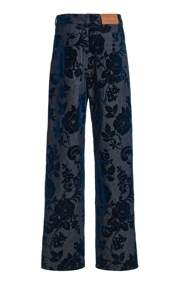 Oscar De La Renta Flocked Floral Denim Straight-leg Pants