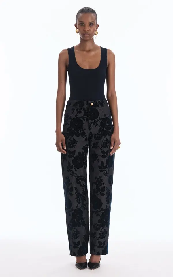 Oscar De La Renta Flocked Floral Denim Straight-leg Pants