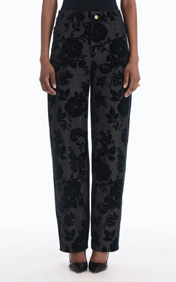 Oscar De La Renta Flocked Floral Denim Straight-leg Pants