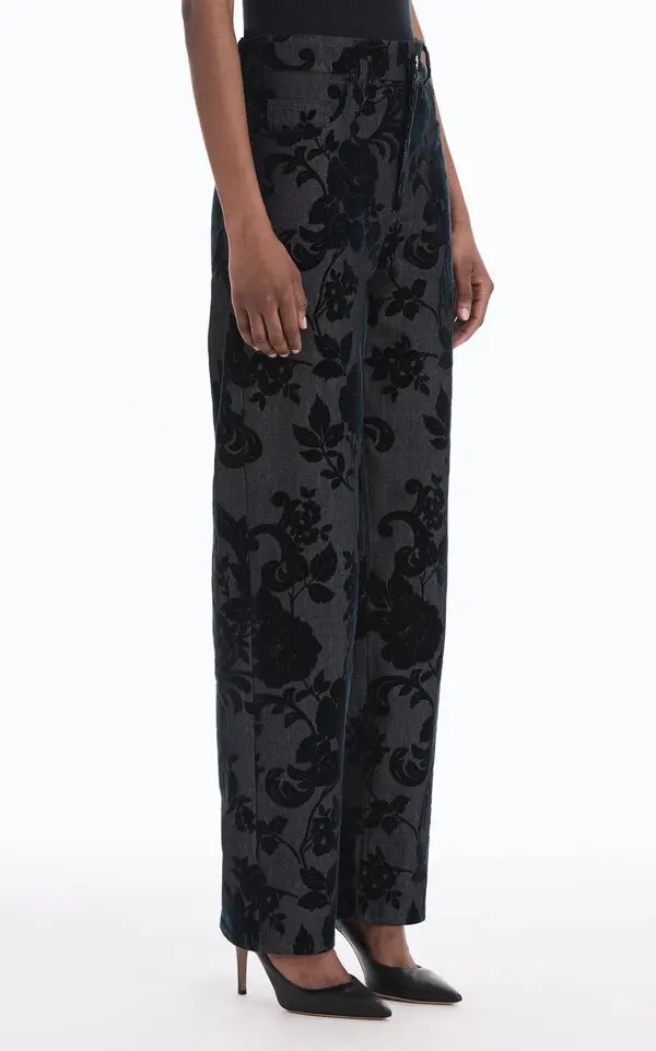 Oscar De La Renta Flocked Floral Denim Straight-leg Pants