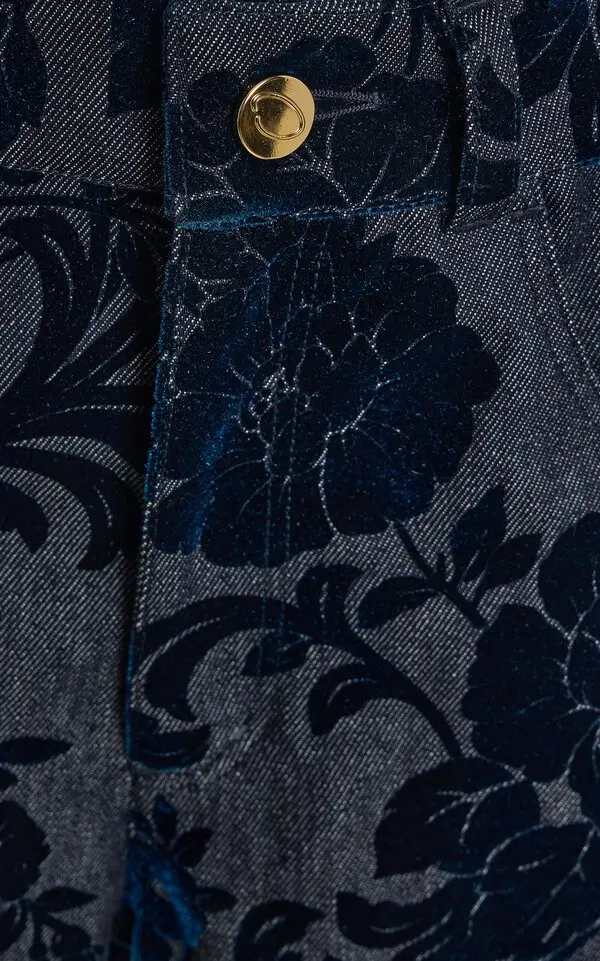 Oscar De La Renta Flocked Floral Denim Straight-leg Pants