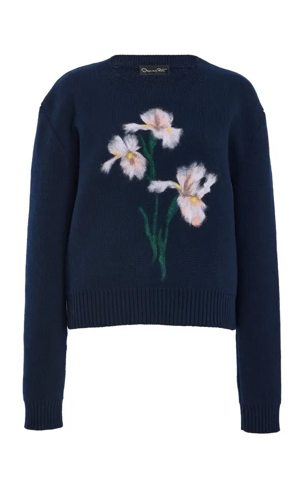 Oscar De La Renta Needle-punch Iris Wool Sweater