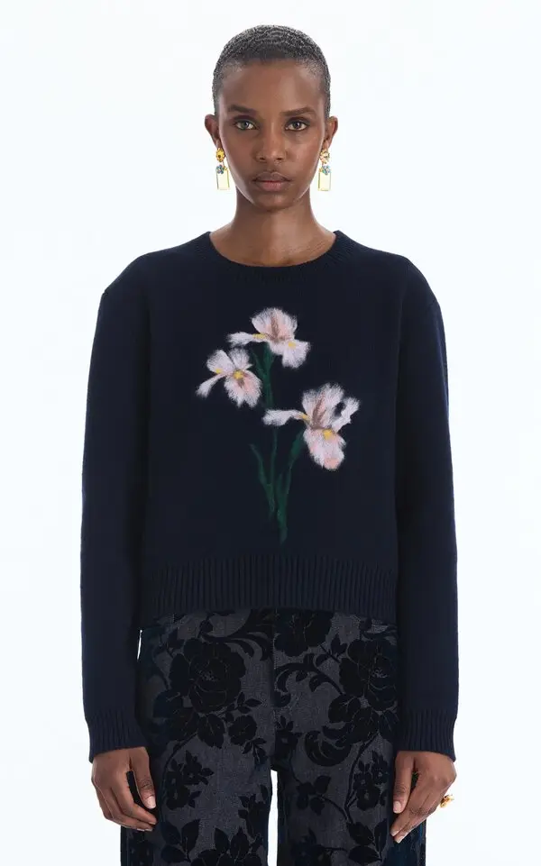 Oscar De La Renta Needle-punch Iris Wool Sweater