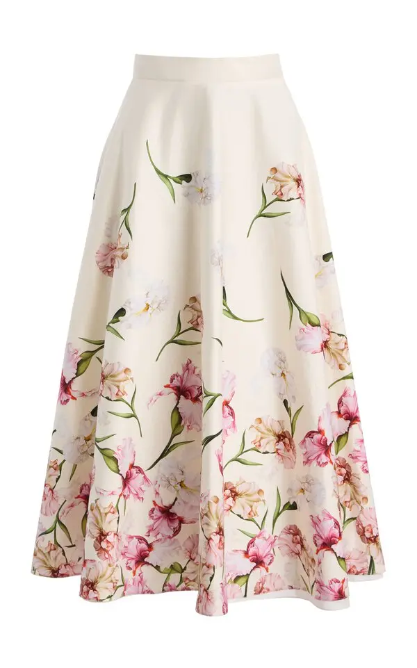 Oscar De La Renta Painted Iris Poplin A-line Midi Skirt