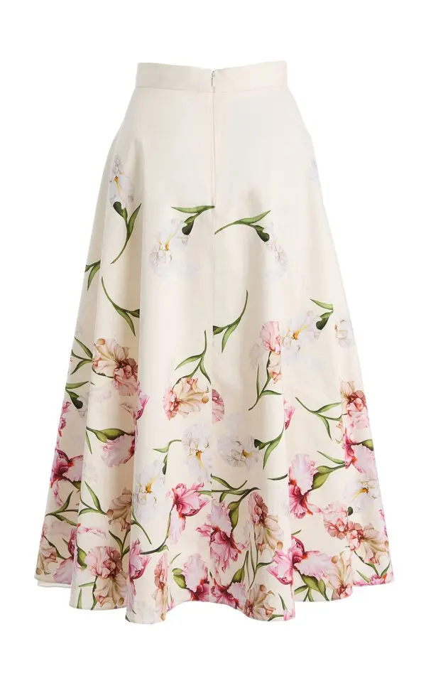 Oscar De La Renta Painted Iris Poplin A-line Midi Skirt