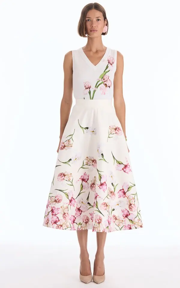 Oscar De La Renta Painted Iris Poplin A-line Midi Skirt