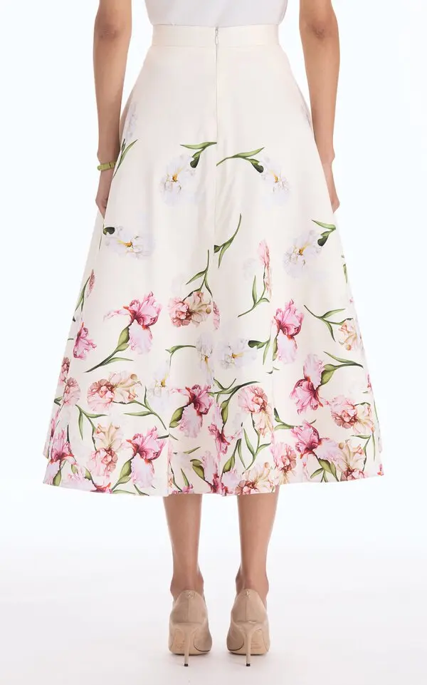 Oscar De La Renta Painted Iris Poplin A-line Midi Skirt