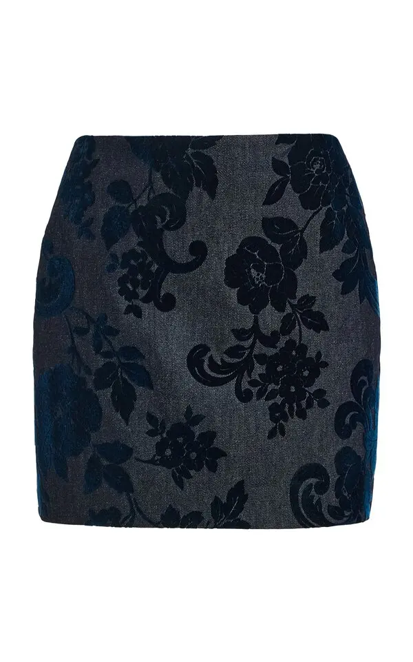 Oscar De La Renta Flocked Floral Denim Mini Skirt