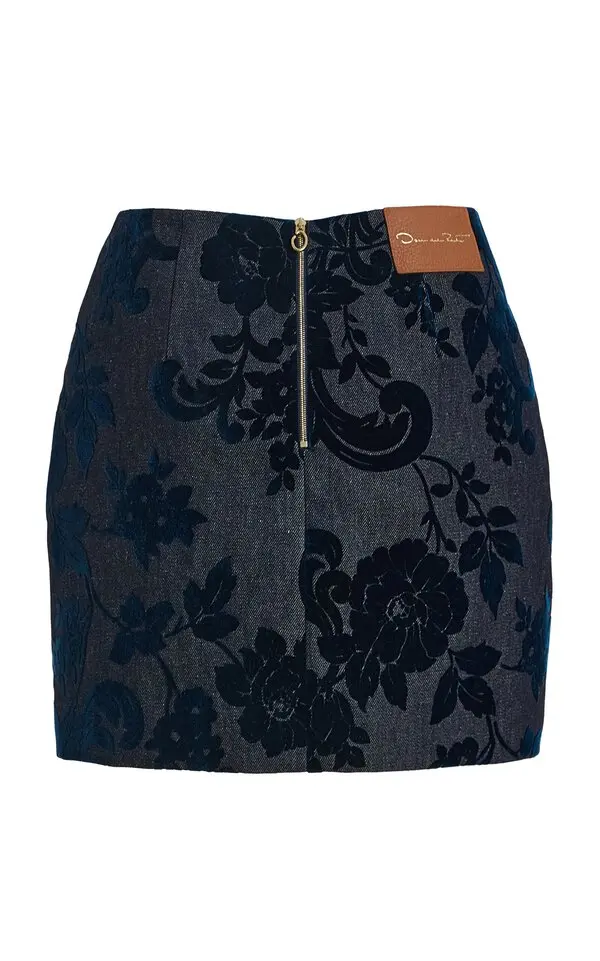 Oscar De La Renta Flocked Floral Denim Mini Skirt