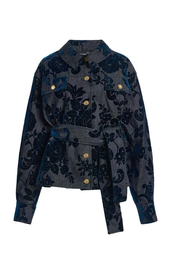Oscar De La Renta Flocked Floral Denim Jacket