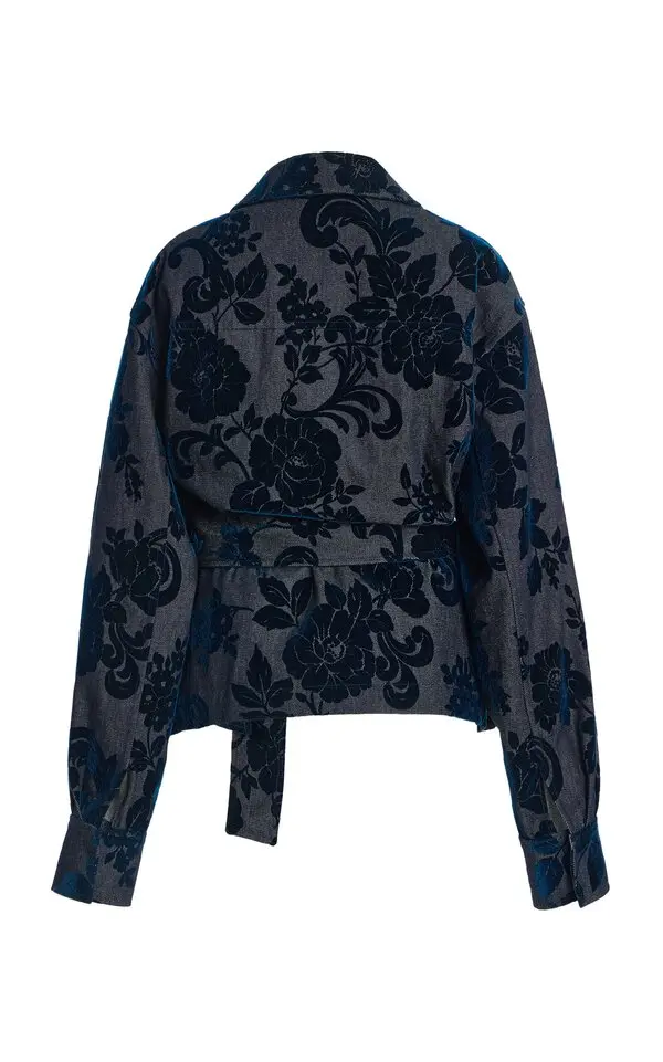 Oscar De La Renta Flocked Floral Denim Jacket