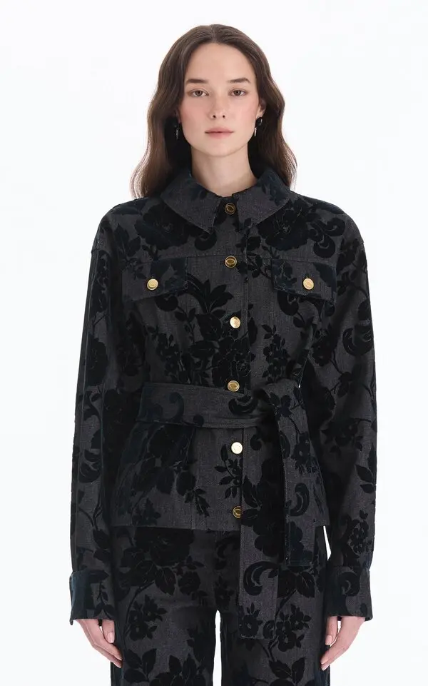 Oscar De La Renta Flocked Floral Denim Jacket