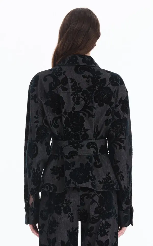 Oscar De La Renta Flocked Floral Denim Jacket