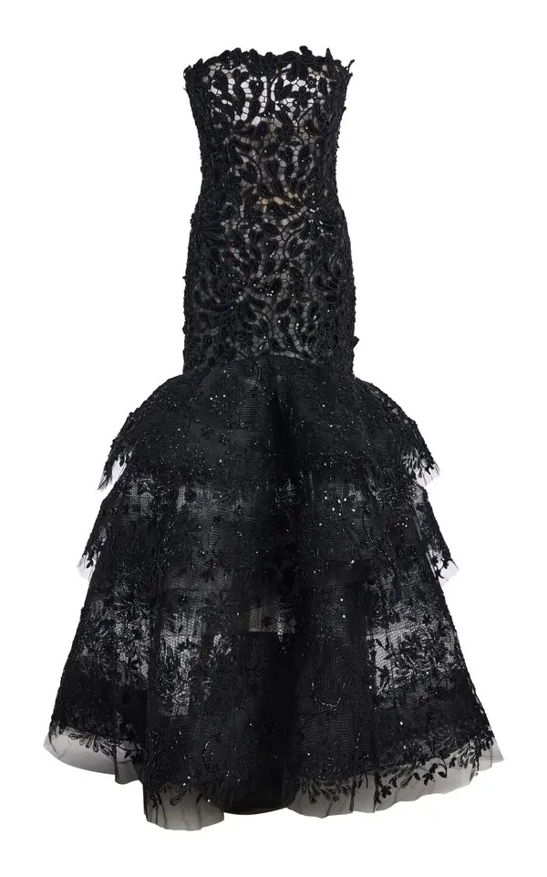 Oscar De La Renta Chrysanthemum Guipure Gown - Black