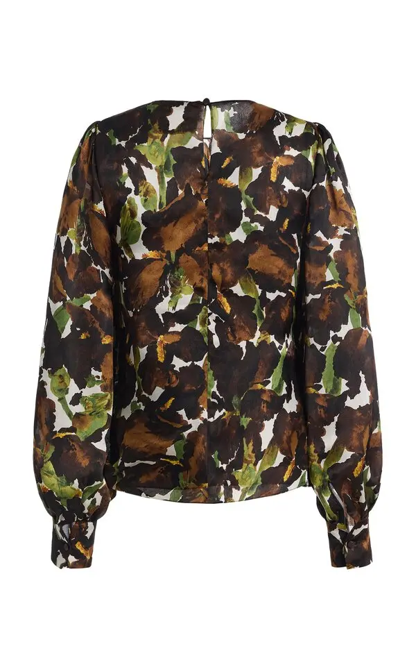Oscar De La Renta Watercolor Iris Satin Chiffon Blouse