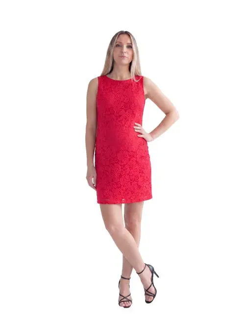 24SEVEN COMFORT APPAREL Maternity Elevate Lace Sleeveless Boat Neck Mini Shift Dress - Fuchsia