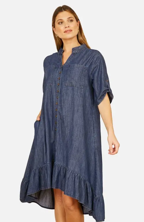 YUMI Denim Dip Hem Relaxed Fit Shirt Dress