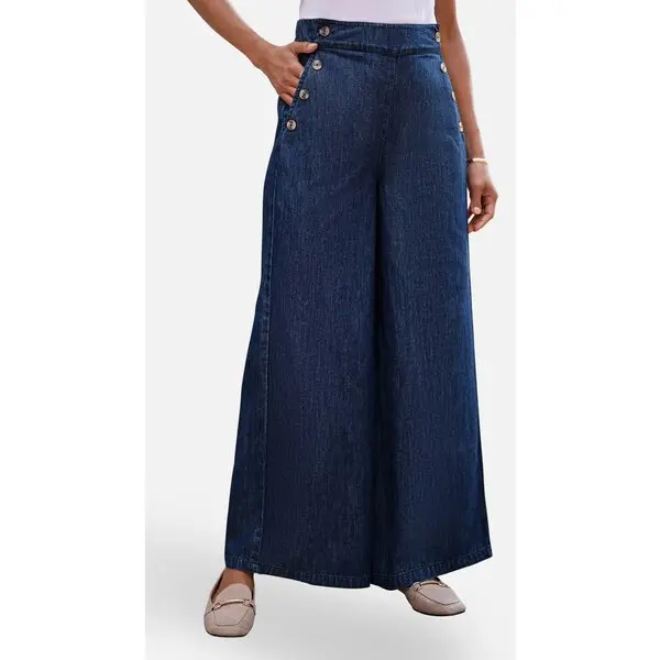 YUMI Chambray Wide Leg Trousers With Side Buttons - Blue